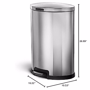 Home Zone Living 12 Gallon Kitchen Trash Can, Semi-Round Stainless Steel, Step Pedal, 45 Liter