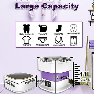 Mini Washing Machine, 11L Large Capacity Portable Washing Machine, Collapsible Foldable Washer and Dryer with Spin for Travel, Socks, Baby Clothes