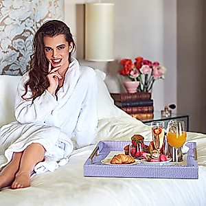 Serving Tray with Handles, 17.1”x11.8” PU Leather Ottoman Tray, Rectangle Coffee Table Tray, Modern Elegant Decorative Tray for Breakfast Tea Food Drinks Jewelry Living Room Kitchen Vanity,Purple