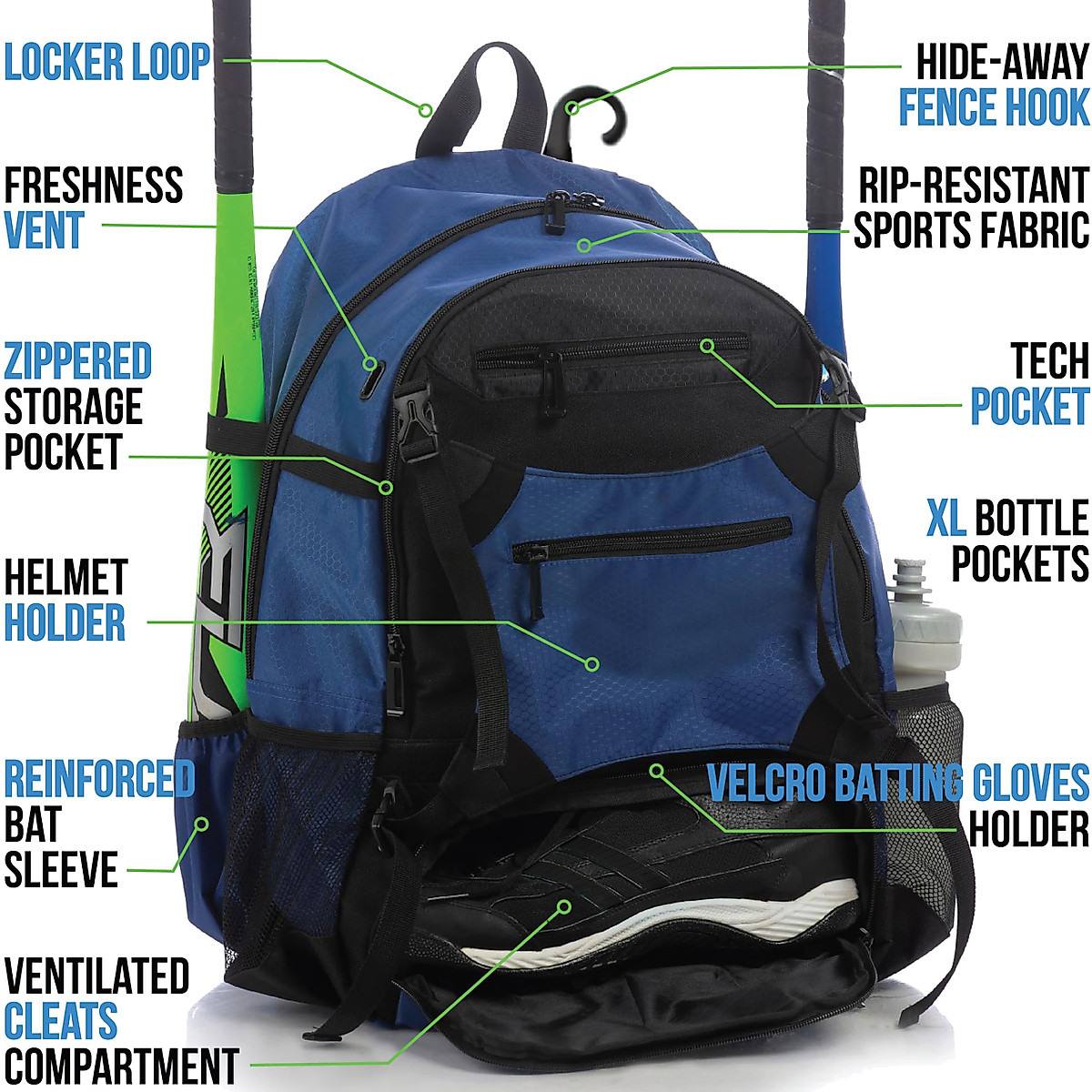 Athletico Advantage Baseball Bag - Baseball Backpack with External Helmet Holder for Baseball, T-Ball & Softball Equipment & Gear for Youth and Adults | Holds Bat, Helmet, Glove, Shoes (Blue)