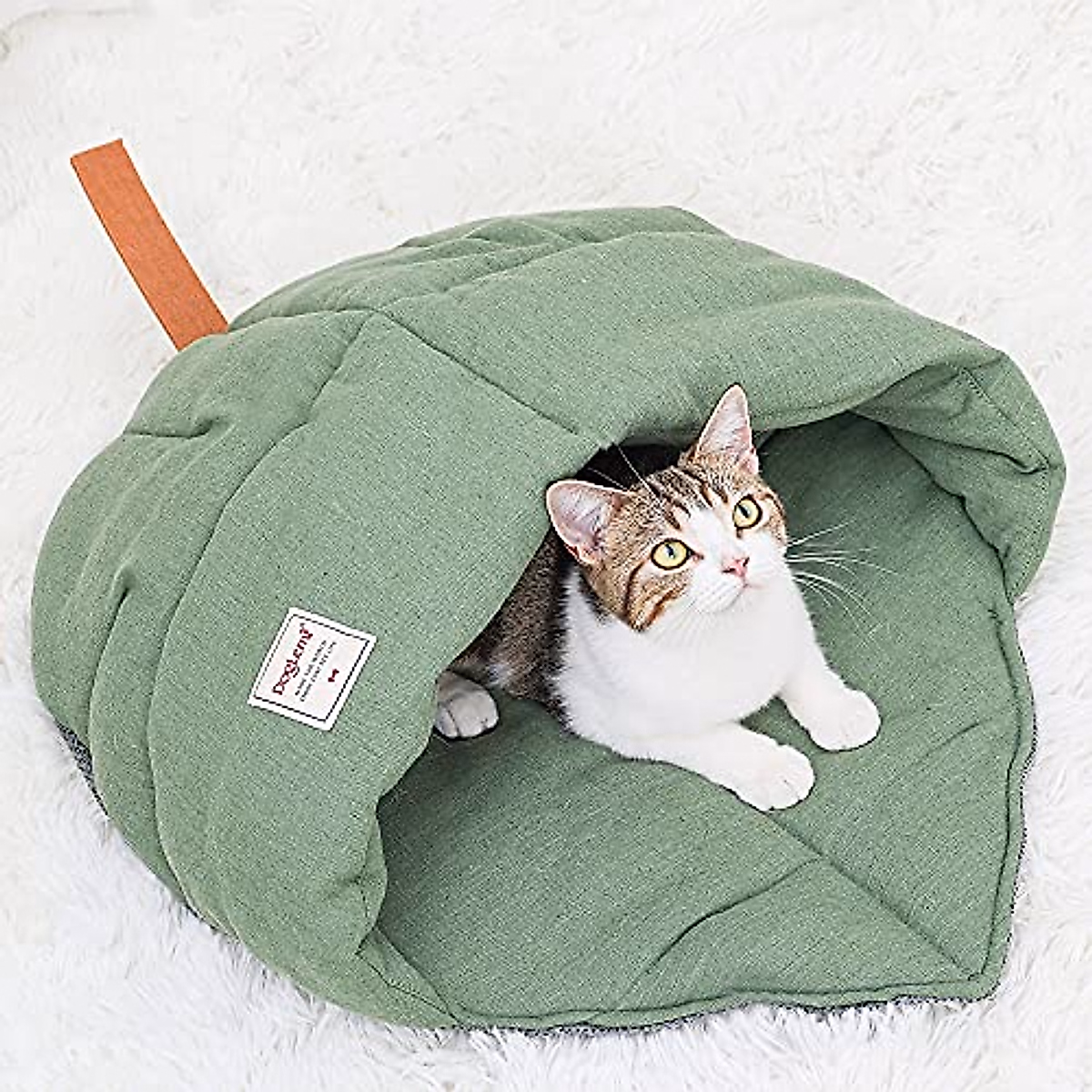 TANGN Cat Sleeping Bag , Linen Fabric Bed Cave Leaf Nest Pet Cuddle Zone Covered Hide Hood Burrowing Cozy Soft Durable Washable with Non-Slip Bottom for Indoor Puppy and Kitten (Green), PD50082