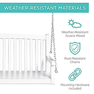 Best Choice Products 48in Wood Porch Swing Outdoor Patio Hanging Bench Chair Furniture for Deck, Garden, Yard w/Mounting Chains, Curved Back Design, 500lb Weight Capacity - White