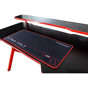 JJS 48" Home Office Gaming Computer Desk with Removable Monitor Stand, R Shaped Large Gamer Workstation PC Table with Cup Holder Headphone Hook Speaker Storage Free Mouse pad, Black/Red