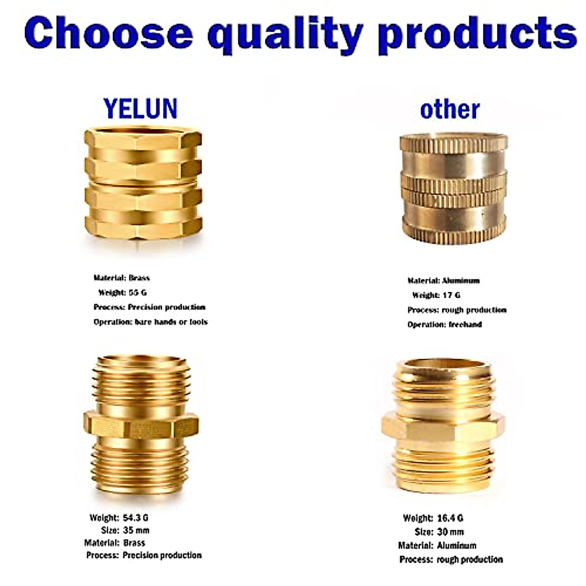 YELUN Solid brass Garden Hose Fittings Connectors Adapter Heavy Duty Brass Repair Male to Male, Female faucet leader coupler dual water hose connector (3/4" GHT Double Male Double Female 4 Pcs)