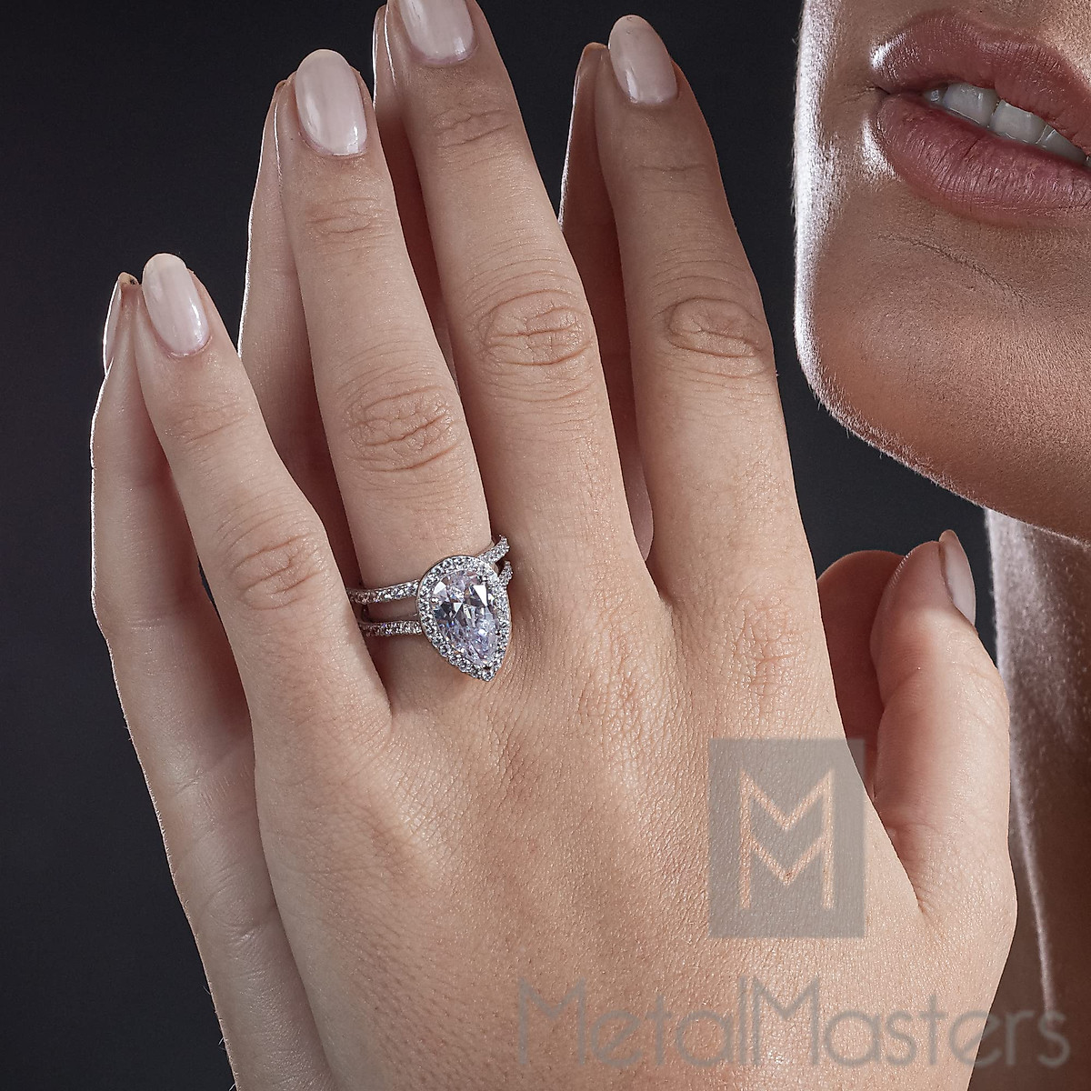 3CT Teardrop Pear Shape Solitaire AAA CZ Engagement Ring Bridal Set in 2 piece Sterling Silver 925