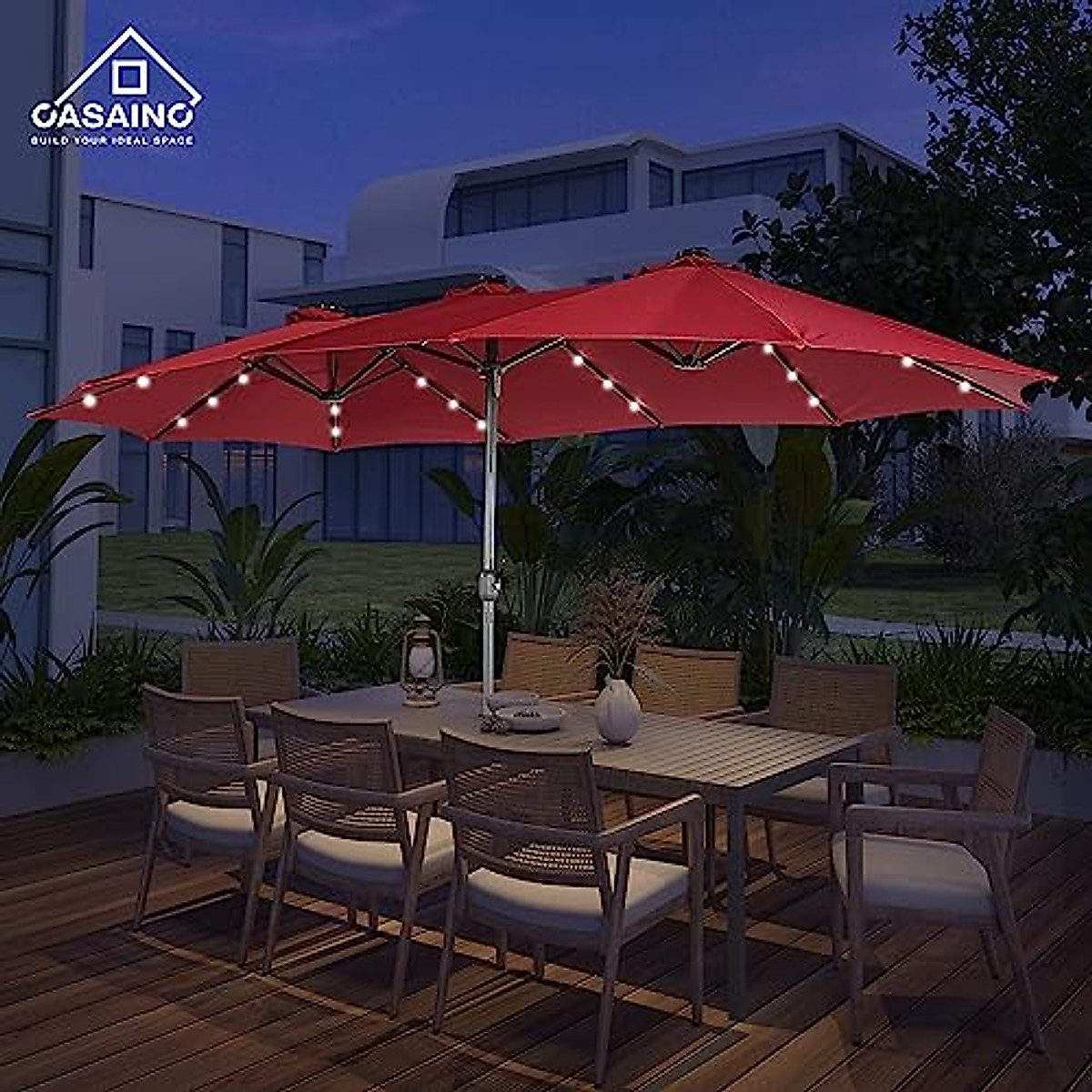 CASAINC 15 FT Solar LED Patio Umbrella with Base Double-Sided Extra Large Outdoor Umbrella Market Rectangular Twin Umbrella w/Crank for Garden Deck Lawn Pool Backyard-Burgundy (with Lights)