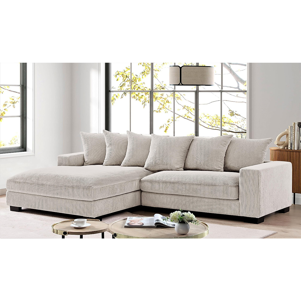 Container Furniture Direct Luxe Oversized Two-Piece Sectional Couches for Living Room, 102.4-Inch L Shaped Sofa with Chaise, Upholstered with Corduroy Fabric, Ivory - Left Facing