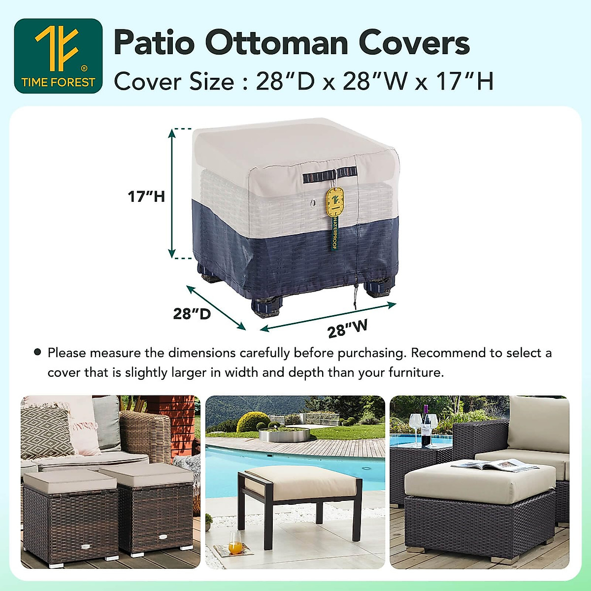 Patio Ottoman Cover Waterproof, Outdoor Garden Yard Ottoman Cover with Padded Handles, 600D Oxford Heavy Duty Patio Lawn Balcony Furniture Covers Waterproof,24" D x 34" W x 17" H,Fog/Navy