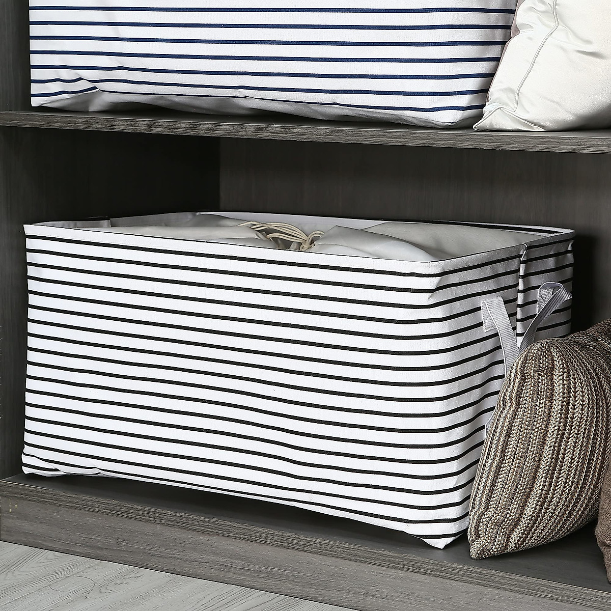 Hinwo 102L XXL Storage Bins, 2-Pack Closet Organizers and Storage, Foldable Clothes Storage Baskets with Handles, Containers for Clothing, Blanket, Comforters, Toys, Bedding (Black Stripe)