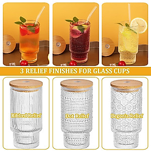 SogYupk Glass Cups Set with Straw/Bamboo Lid,12 oz Stackable Serving Drinking Glasses, Ideal for Whiskey/Cocktails/Juice/Coffee/Beer, Dishwasher Safe,3 Patterns of Vintage Glassware Sets.(6 Pcs)