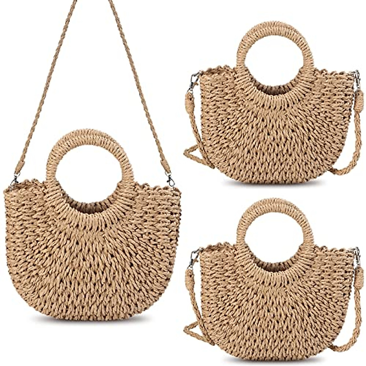 3 Pcs Semi Circle Rattan Straw Bag Straw Purses for Women Summer Beach Mini Tote Bag Hand Woven Crossbody Small Handbag Top Handle Wicker Clutch Bag