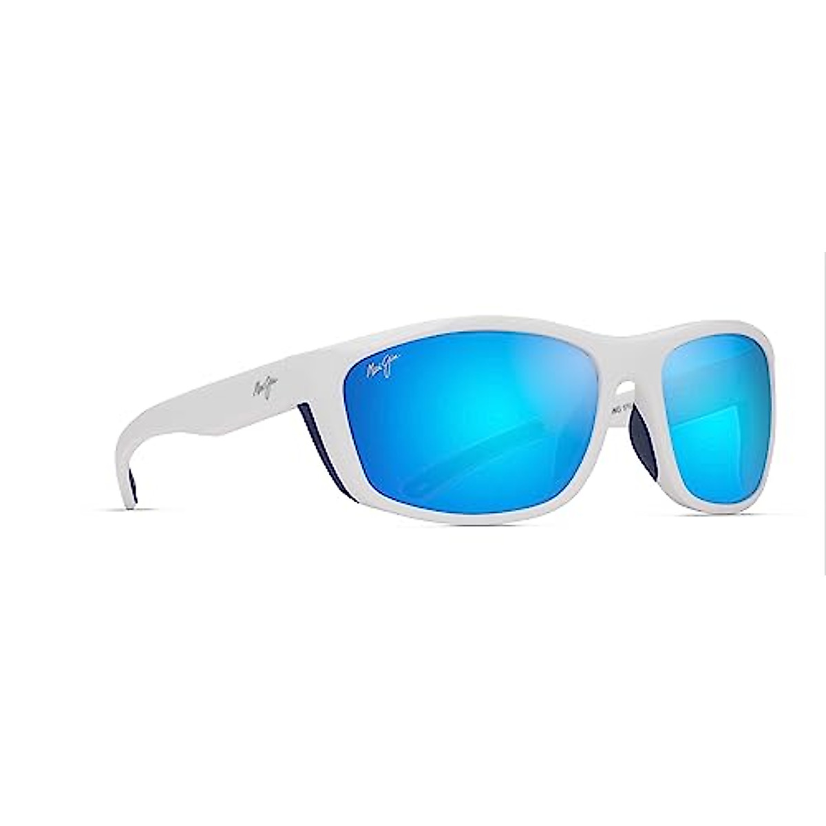 Maui Jim Men's and Women's Nuu Landing Polarized Wrap Sunglasses, White w/Navy Rubber/Blue Hawaii, Medium