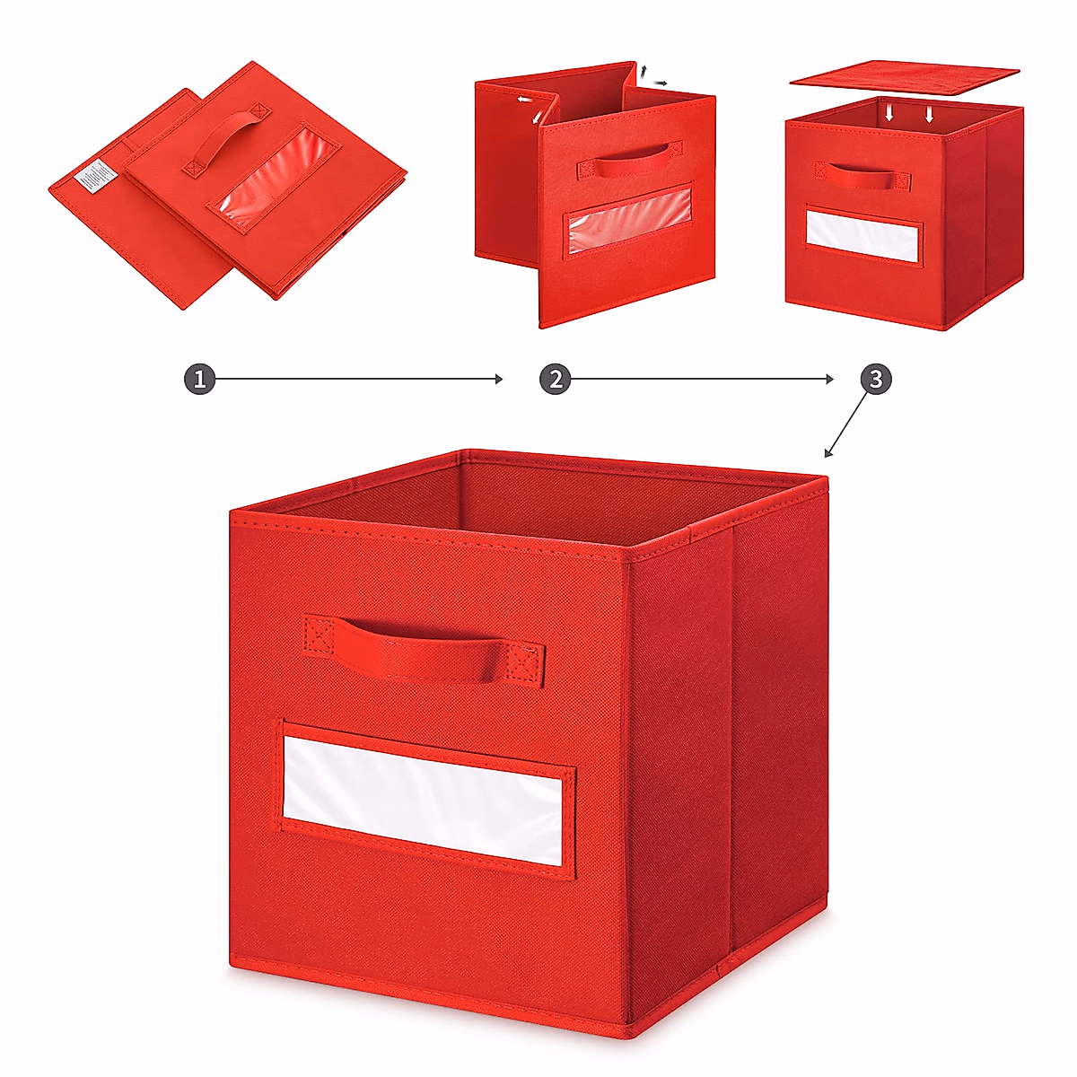 artsdi 11 Inch Storage Cube,Storage bin,cube storage (Set of 10) Foldable Fabric Cube Storage Bins with 10 Labels Window Cards & a Pen,Baskets Containers for Shelves,Closet Organizers Box,Red