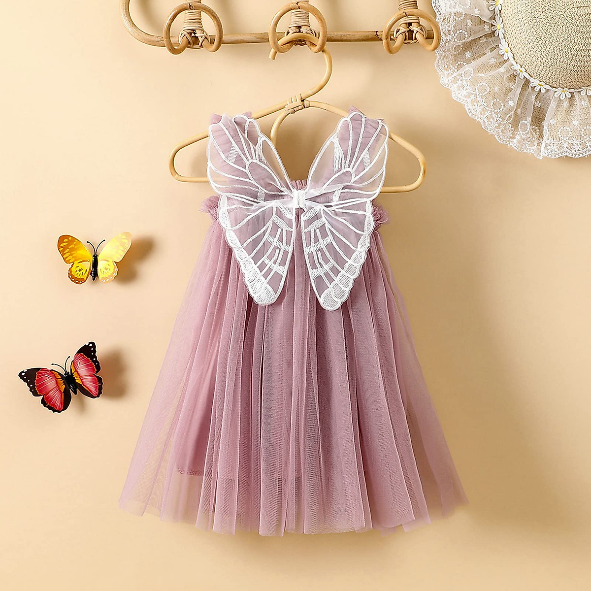 Toddler Baby Girls Princess Butterfly Wings Fairy Dresses Layered Sleeveless Tulle Tutu Dress Birthday Party Casual Outfit (Pink, 18-24 Months)