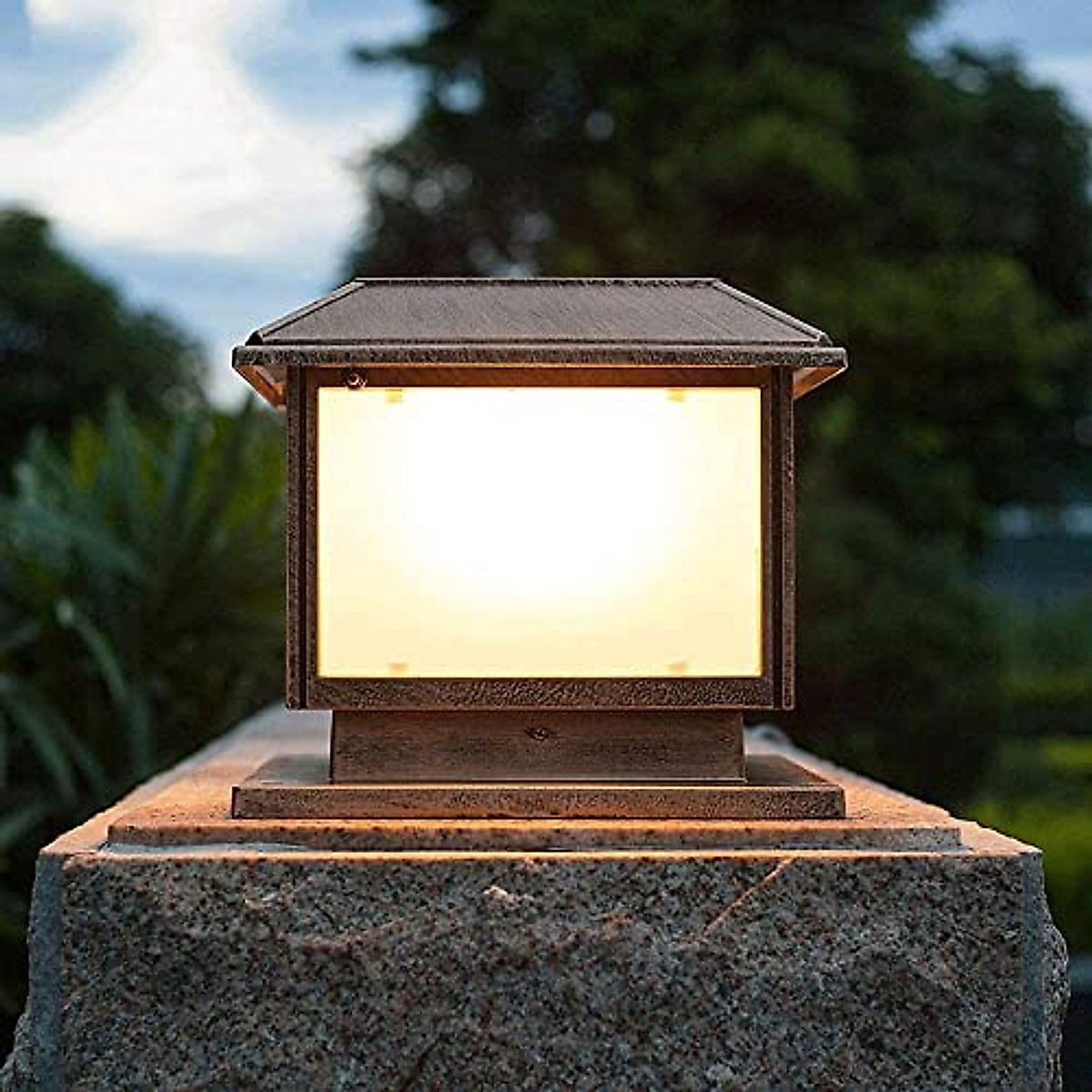 CZLZY European Retro Style Aluminum Square Pillar Lamp Solar LED Post Light Outdoor Waterproof Column Light Glass Lampshade Villa Courtyard Wall Decoration Landscape Light