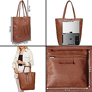 TAKEASY Women's Genuine Leather Italian Tote Bag with Zipper - Large Handbag for Shopping, Work and Travel (Camel)