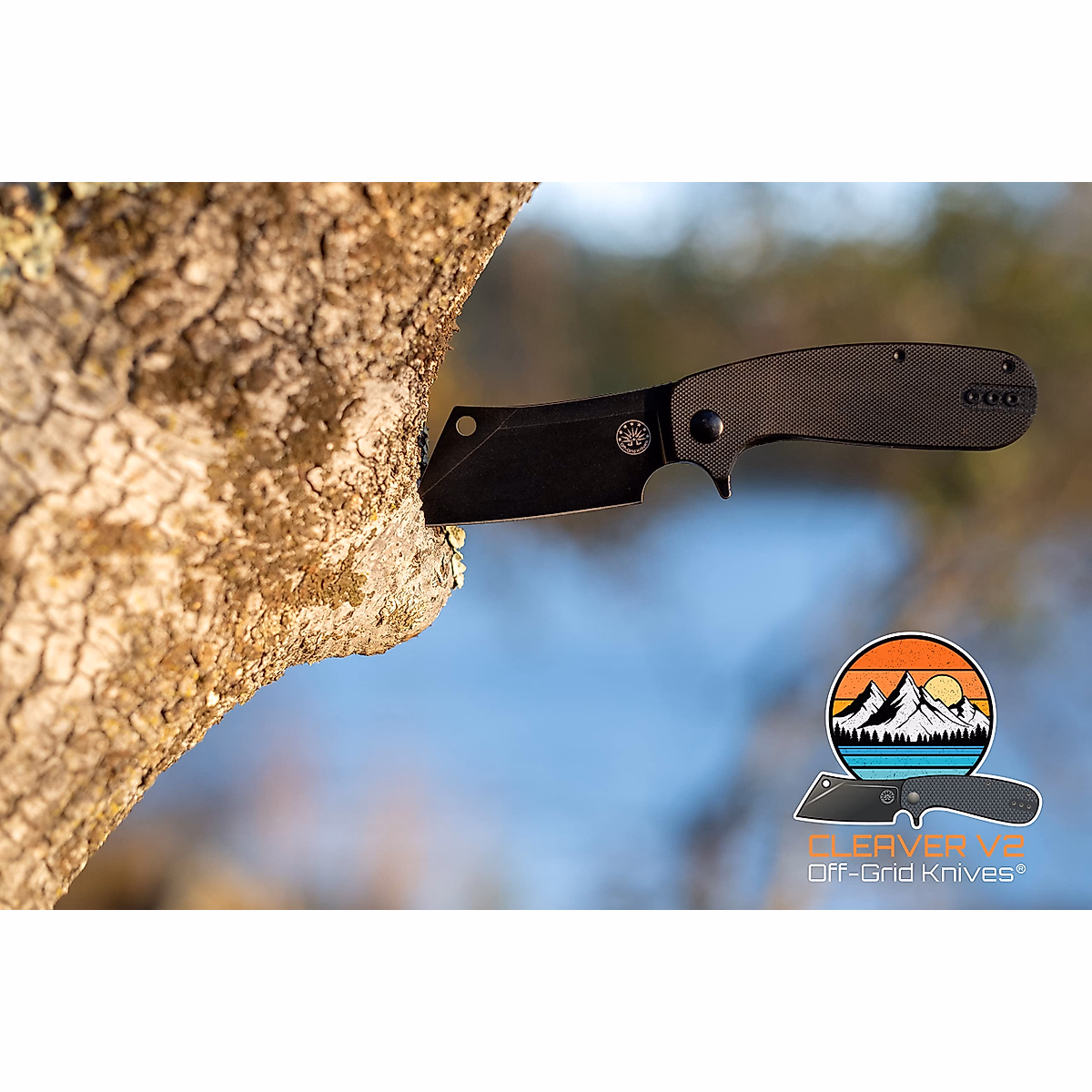 Off-Grid Knives - Cleaver V2 Folding Knife, D2 Tumbled Black Cleaver Blade, G10 Scales, Ceramic Ball Bearings, Left & Right Hand Carry