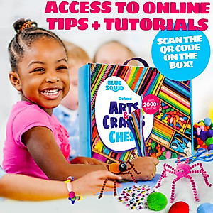 Blue Squid Arts & Crafts Chest - 3000+ pcs Deluxe Craft Supplies Box, 2 Drawers, 18 Compartments, Sturdy Handle - Art Crafting Kit Christmas Gifts for Kids, School Supply for Ages 4 5 6 7 8 9 10 11 12