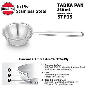 HAWKINS 1.5 Cup Tadka Pan, 360 ml Triply Stainless Steel Pan, Induction Pan, Silver (STP15)