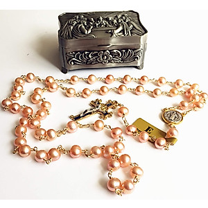 elegantmedical Pink 8mm Real Pearl BEADS St. Benedict GOLD ROSARY CROSS Necklace & box Catholic GIFTS