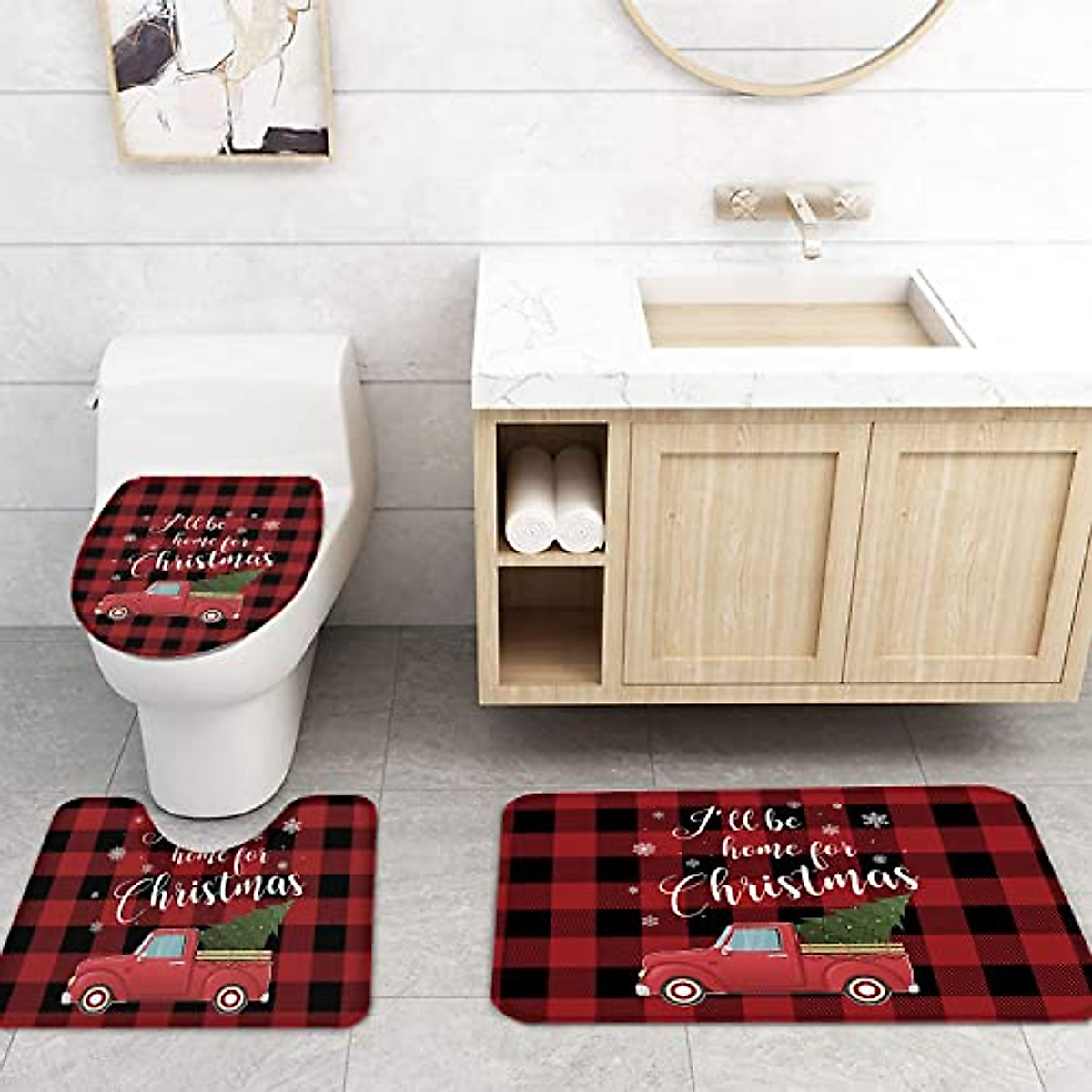 OneHoney 4 Piece Shower Curtain Sets with Non-Slip Rugs, Truck with Christmas Tree Bathroom Curtains Waterproof, Snowflakes on Red Buffalo Grid Decor Doormat, Toilet Lid Cover and Bath Mat