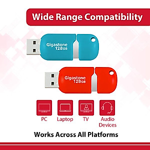 [Gigastone] V10 128GB 2-Pack USB 2.0 Flash Drive Thumb Drive Memory Stick Pen Drive Capless Retractable Design (Blue&Orange)