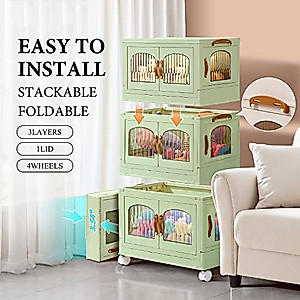 EHAMILY Stackable Storage Bins with 1 Lid Set 3 Tier,8.4 Gal Clear Plastic Folding Storage Box with Wheel and Door,Large Foldable Cabinet Collapsible Bin for Closet Organizer,Clothes,Green