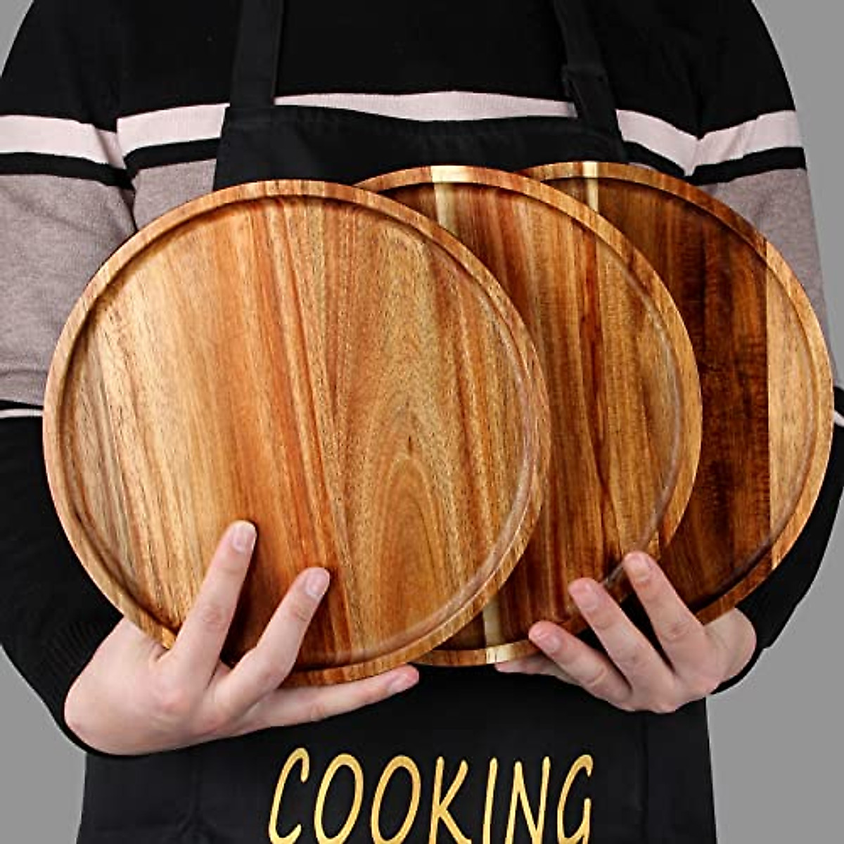 Renawe 3 pcs Acacia Wood Plates 12 inch Dinner Plate Set Round Charcuterie Board Decor Wooden Tray Food Charger Plate Dish Serving Platter Cheese Board Candle Tray Kitchen Plates