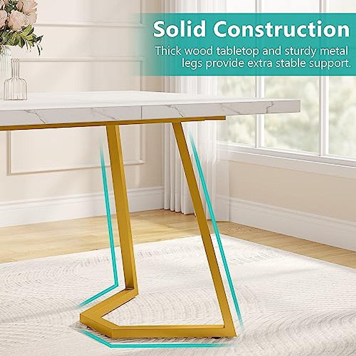 Tribesigns Computer Desk Home Office: White and Gold 55 Inches Office Table with Metal Legs, Modern Faux Marble Study Desk for Writing, Simple Desk for Home Office