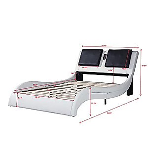 CEMKAR Modern upholstered Platform Bed Frame with LED Lighting, Bluetooth Playback and backrest Vibration Massage, Faux Leather Wavy Platform Bed Frame with Wooden Slat Support White+Black