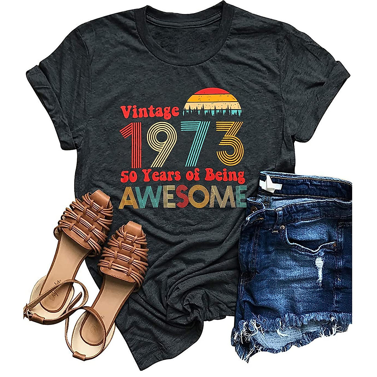 1973 Vintage T Shirts for Women 50th Birthday Gifts Shirts Vintage 1973 Original Parts Tshirts Retro Birthday Party Tops(Sun Grey, Small)