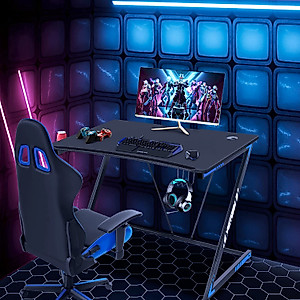 Cirstore Gaming Desk 39 Inch Computer Desk Gaming Table Z Shaped Pc Gaming Workstation Home Office Desk with Headphone, Gaming Controller Rrack,Black and Blue