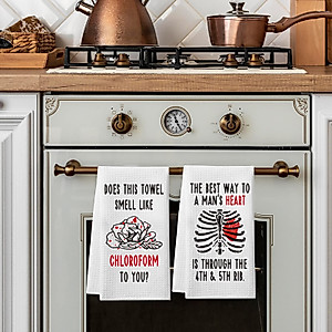 2 Pack Funny Gothic Kitchen Towels, Serial Killer Gifts for Women, True Crime Bathroom Towels, Halloween Goth Home Decor, Morbid Podcast Merch, Does This Towel Smell Like Chloroform to You