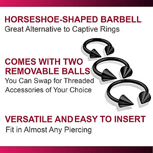 bodyjewellery 6pcs 16g Horseshoe Circular Barbell Eyebrow Tragus Navel Lip Cartilage Ear Ring Spike Helix Belly Black Spike 5/16 3/8 1/2