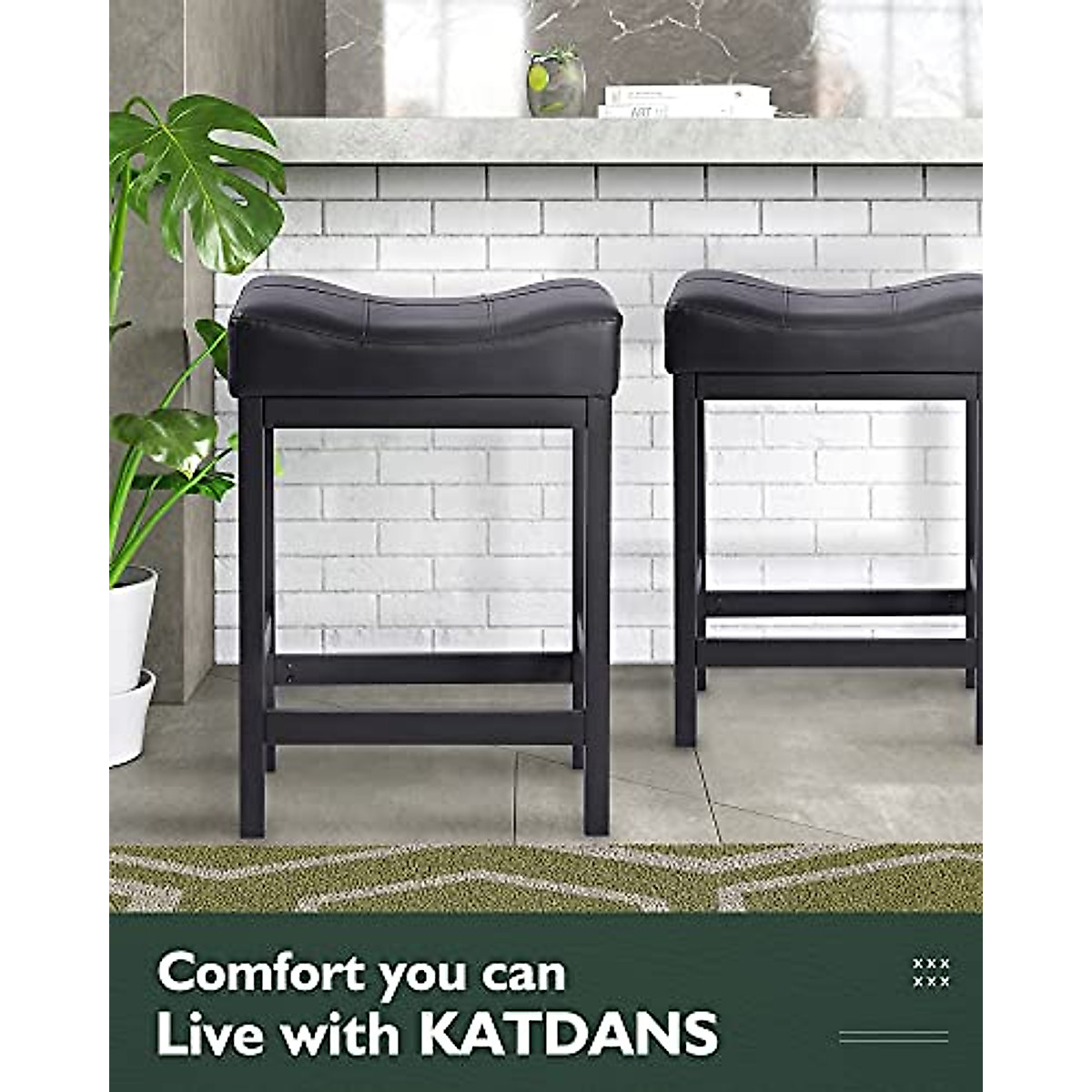 KATDANS Bar Stools Set of 2 - Counter Height Stools - 24 Inch Saddle Stool - PU Leather Kitchen Stools - Black Seat - Black Metal Base, KS861P-Black
