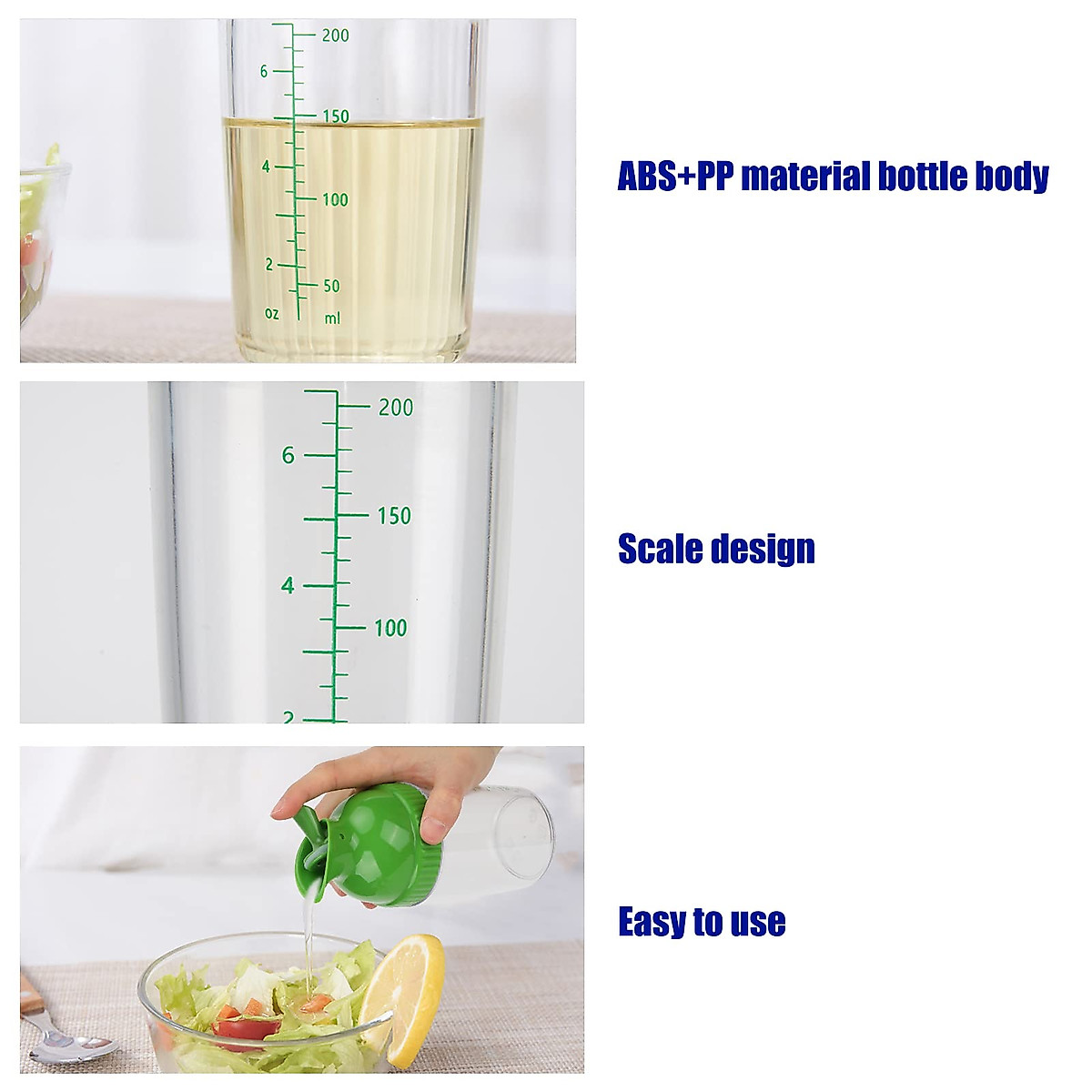 Dechoga Salad Dressing Container,200ml Salad Dressing Shaker,Salad Dressing Shaker Container Dripless Pour,Leak-free,Soft Grip,Homemade Salad Dressing Bottle Mixer Measure with Lid (Green)