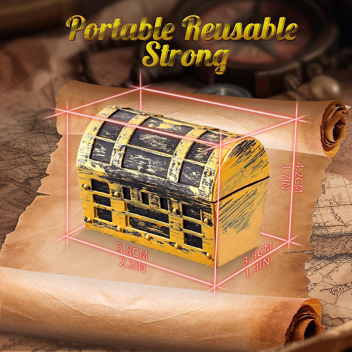 100 Pcs Pirate Treasure Chests 2.3 Inch Cute Little Plastic Treasure Chests with a Gold Finish Vintage Pirate Jewelry Box Games Set for Treasure Hunt Birthday Halloween Party Children School Carnival