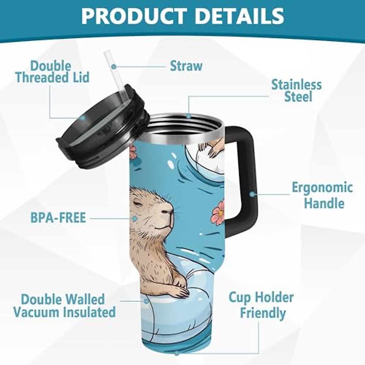 Selerdon 40 oz Tumbler Capybara Float with Handle and Straw Lid Vacuum Stainless Steel Insulated Water Bottle Travel Mug Car Cup Holder Friendly BPA Free for Gym Travel Office