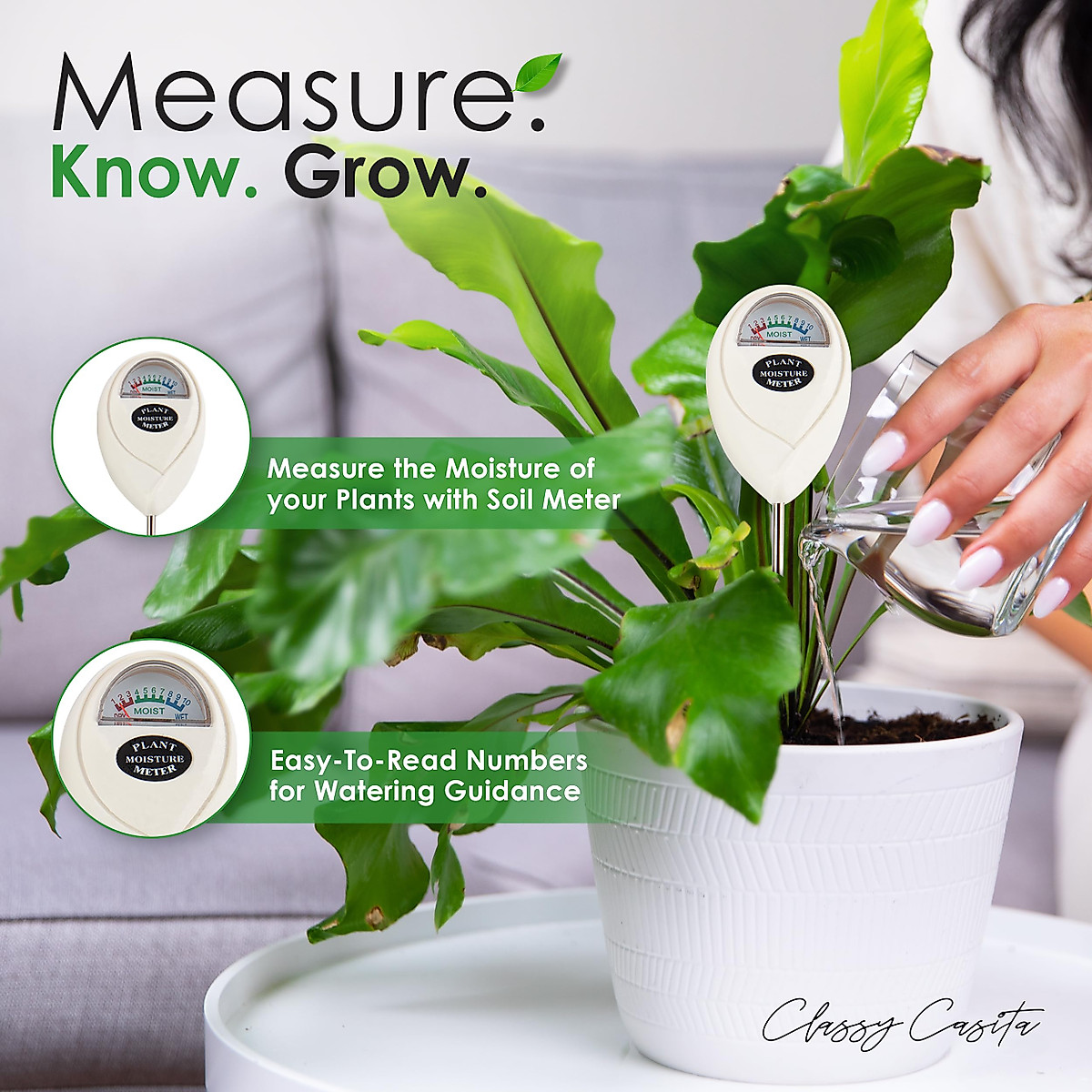 Classy Casita Soil Moisture Meter: Houseplant Care with eBook - Hydrometer Sensor For Plants - Essential Moisture Meter for Indoor & Outdoor Plants - Gardening Gadgets & Houseplant Accessories - White