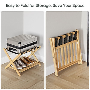 Semiocthome 2 Pack Fully Assembled Luggage Rack, Folding Suitcase Stand with Storage Shelf, Wood Suitcase Rack fit Most Luggage Size, Luggage Holders Stand for Guest Room Bedroom and Hotel (Wood