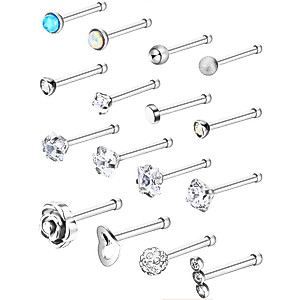 JOVITEC Stainless Steel Nose Stud Set Steel Nose Ring Rose Ball Labret Body Piercing Jewelry for Party Wear or Clothes Matching, 20 G (16 Pieces, Bone Stud)