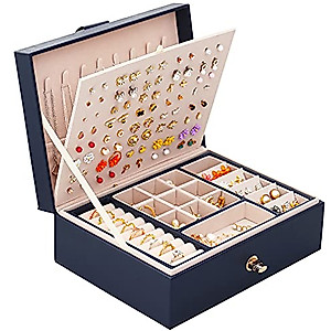 QBestry Stud Earring Organizer for Women Girl Mens Jewelry Box for Earrings Necklace Jewelry Organizer,Girls Earring Box for Womens Necklace Holder Rings Organizer Bracelet Earring Storage Case,Blue