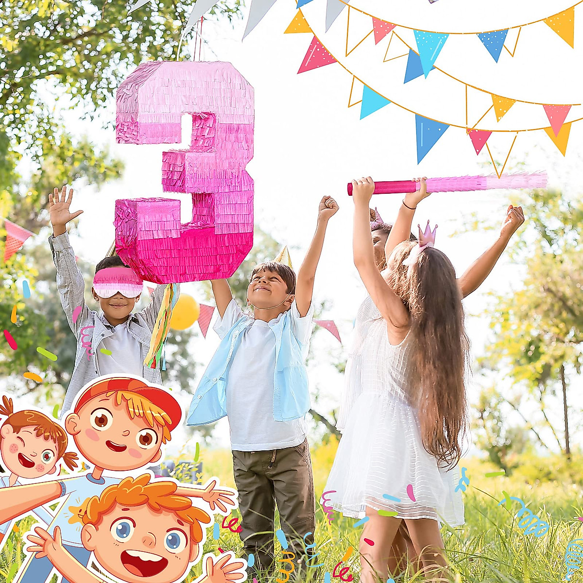 Number piñata Number Birthday piñata Decorations Gradient Pink piñata with Stick Blindfold Confetti for Girls Boys Birthday Anniversary Party Decorations Supplies (Number 3)