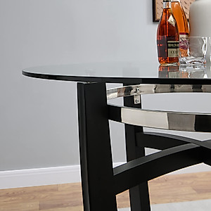 PADMA HOUSE Glass Counter Height Bar Table Stools Set of 4, 42" Round Glasstop Counter Height Table Chairs Set 26" H Barstools Chairs with Upholstered Back for Bar Kitchen Restaurant, Black