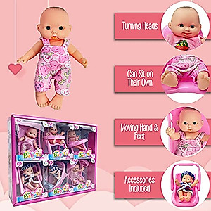 Liberty Imports 6 Pack: Mini Baby Newborn Dolls Collection - Includes Cradle, High Chair, Walker, Swing, Bathtub and Infant Seat, Pretend Toys Playset for Kids
