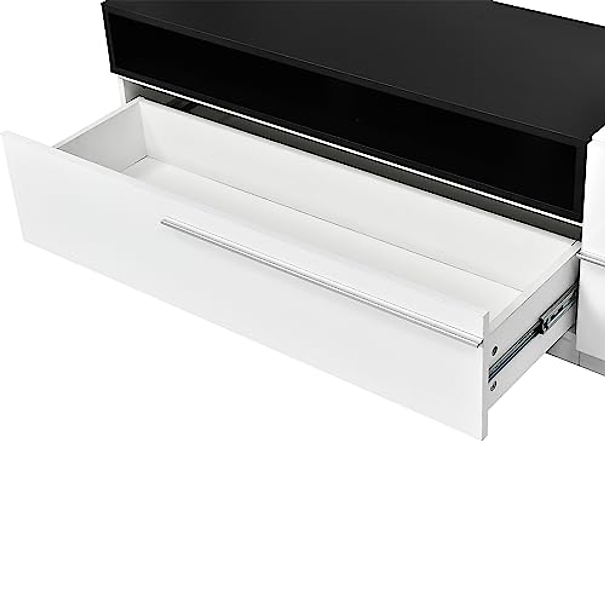 Polibi Modern TV Stand with Wooden Shelves and Silver Handle, High Gloss Media Console Table with Large Drawer and Storage Cabinet, Living Room Entertainment Center for TVs up to 70", White