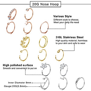 Drperfect 36Pcs 20G Nose Rings Hoop L Shape Screw Bone Nose Studs Stainless Steel Nose Rings Nostril Piercing Jewelry Silver Gold Rose Gold Tone Set Body Jewelry for Women Men