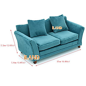 iLAND Modern Dollhouse Furniture on 1/12 Scale of Miniature Sofa for Dollhouse Living Room (Turquoise Blue Velvet)