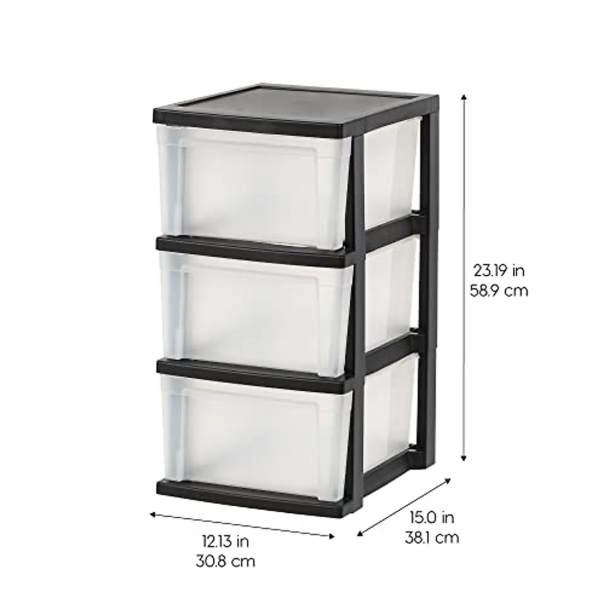 IRIS USA 3-Drawer Plastic Storage Dresser, 2-Pack, Standing Organizer Storage Container Bin with Drawers for Clothes Crafts Classroom Bedroom Dorm, Black/Clear