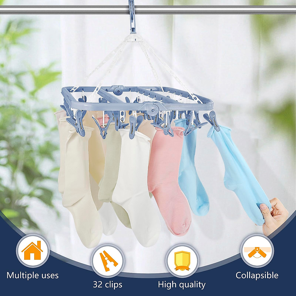 Aolloa Clothes Drying Rack with 32 Clothespins, Bule Foldable Hanging Drying Racks, 360° Rotatable Hook for Drying Towels Bras Baby Clothes Gloves Plastic, Clothes Drying Foldable-Bule